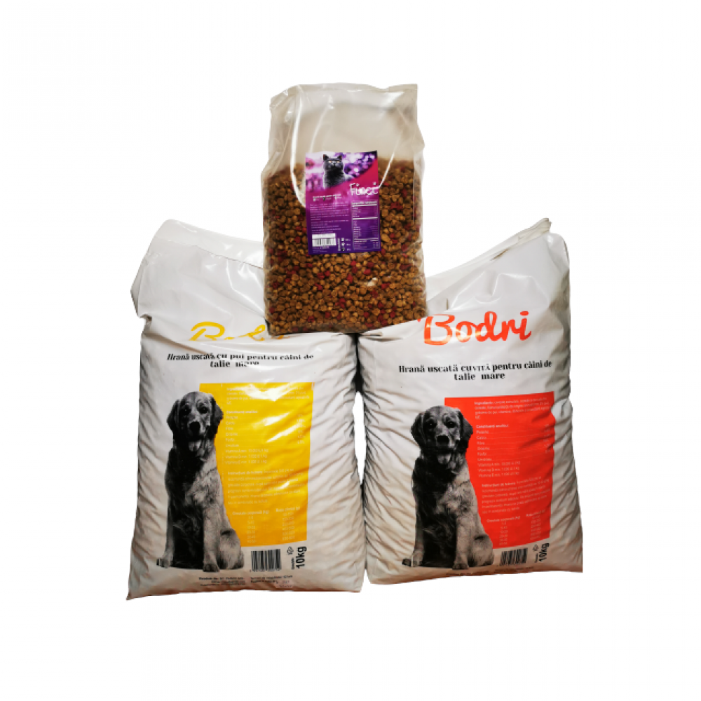 Pachet compus din 2 saci mancare caini bodri si 1 sac mancare pisici ...