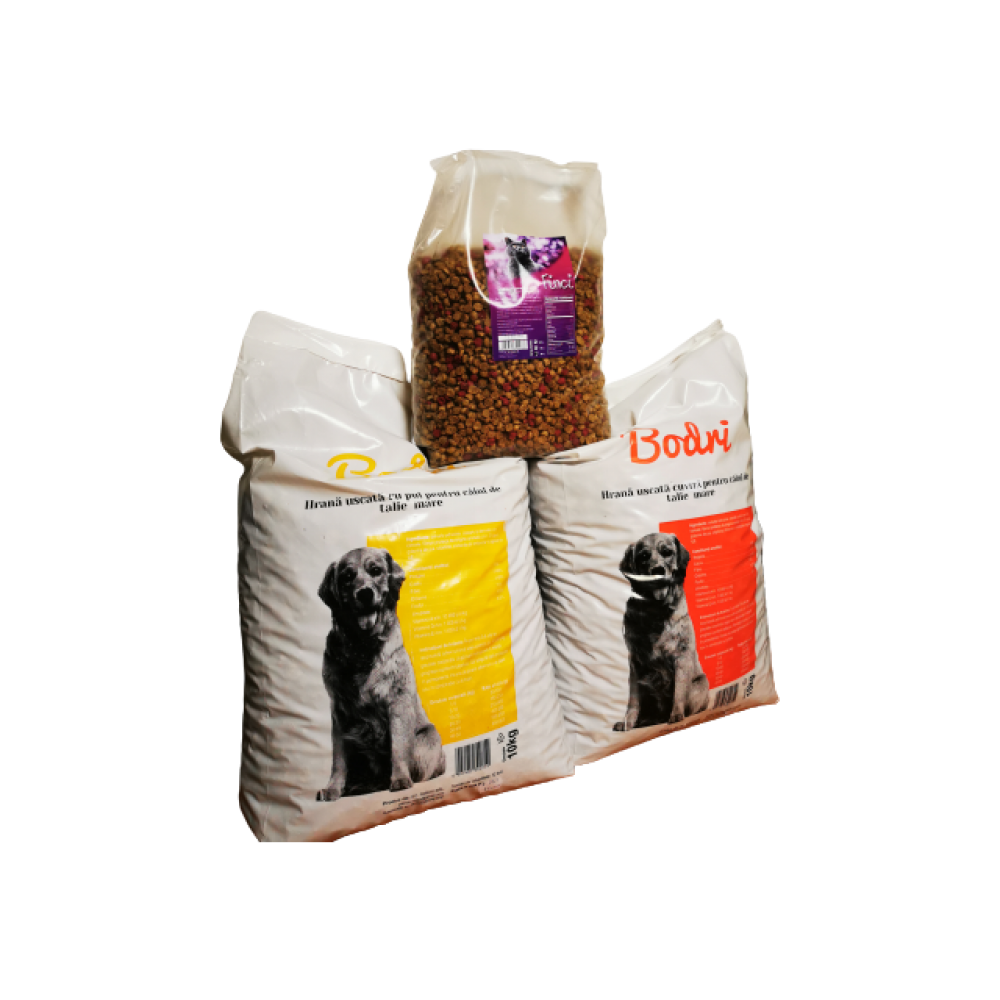 Pachet compus din 2 saci mancare caini bodri si 1 sac mancare pisici ...